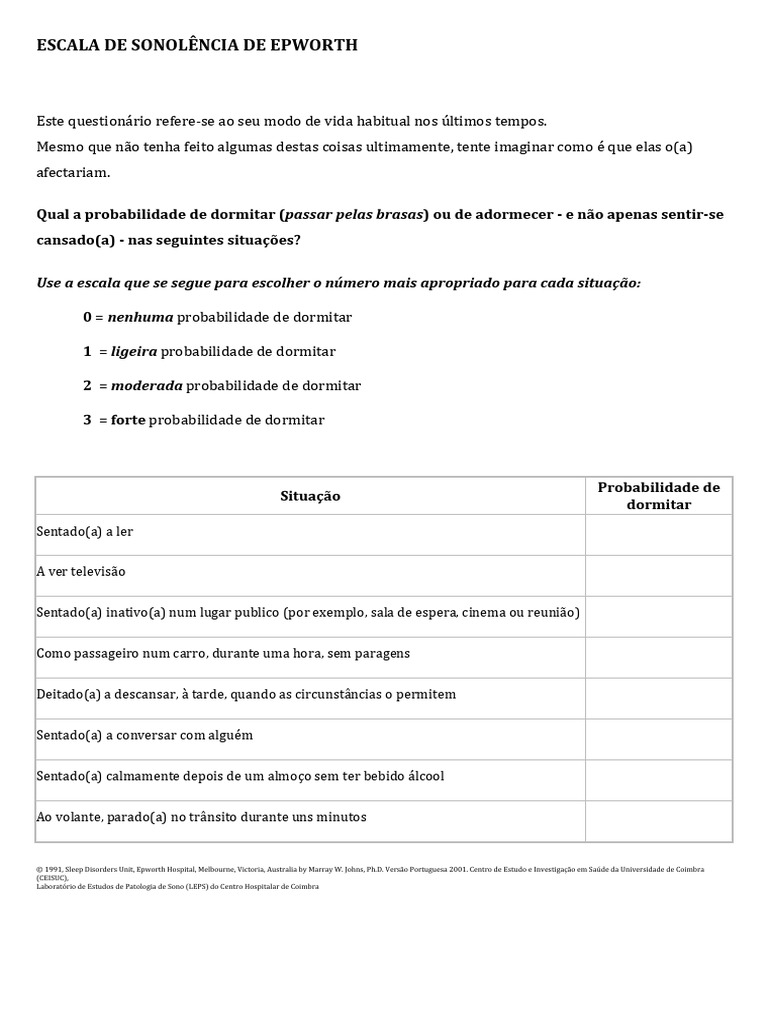Escala de Sonolência de Epworth | PDF