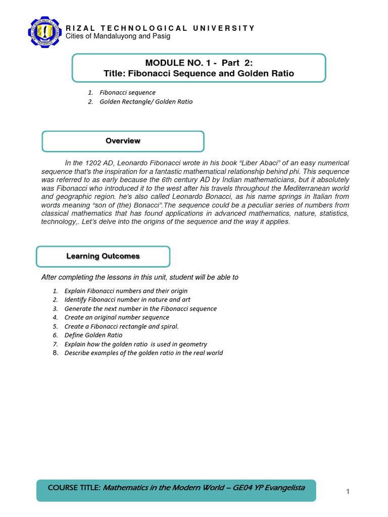 2022-23 MMW MODULE 1 Part 2 - Fibonacci and Golden Ratio | PDF