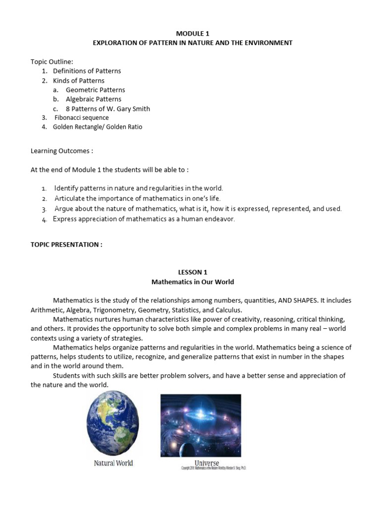 2022-23 MMW - Module-1 Exploration of Pattern in Nature and The Environment | PDF