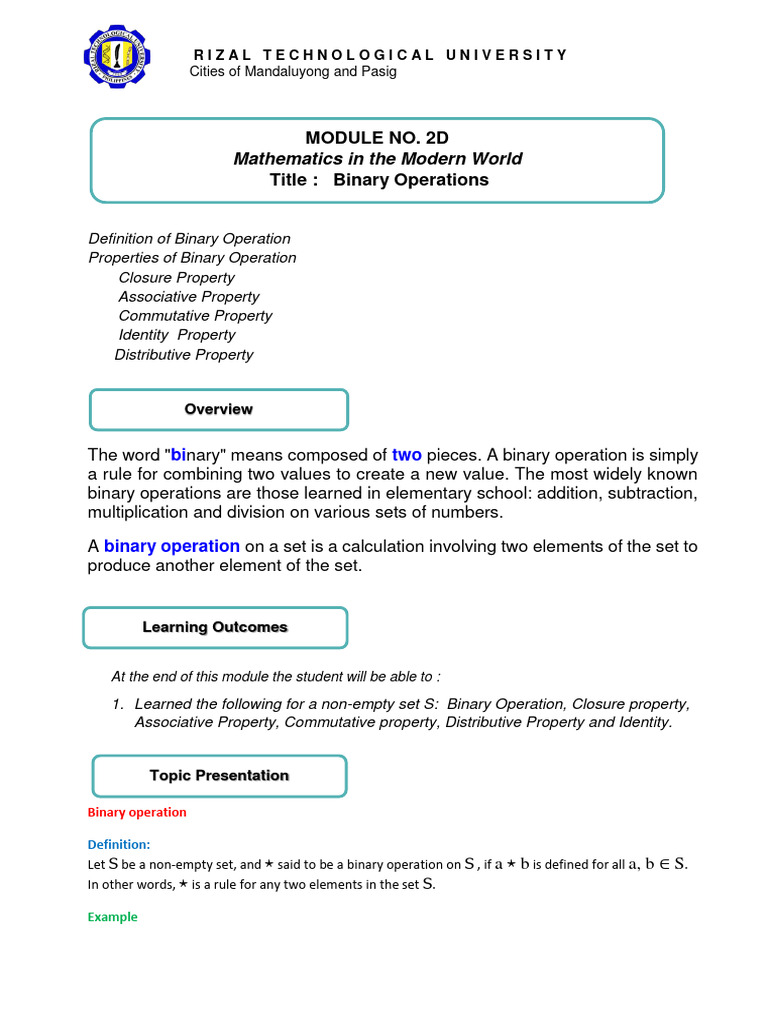 23-24 MMW Module 2d - Binary Operations | PDF | Elementary Mathematics | Algebra
