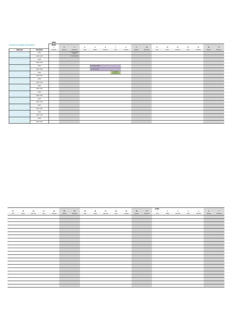 Planning Excel Reservation Vehicule Gratuit 1 | PDF
