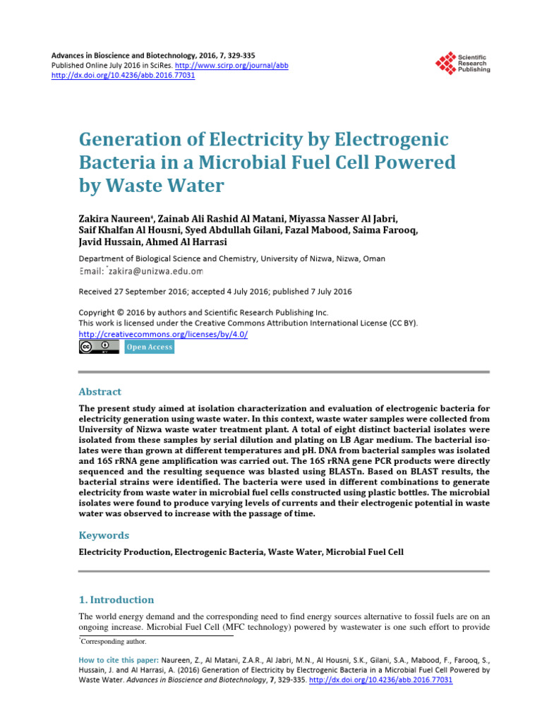 Generation of Electricity by Electrogenic Bacteria | PDF | Bacteria ...