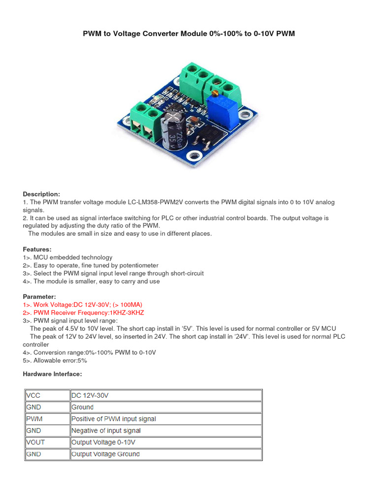 Manual PWM To Voltage Converter Module 0 100 To 0 10V | PDF