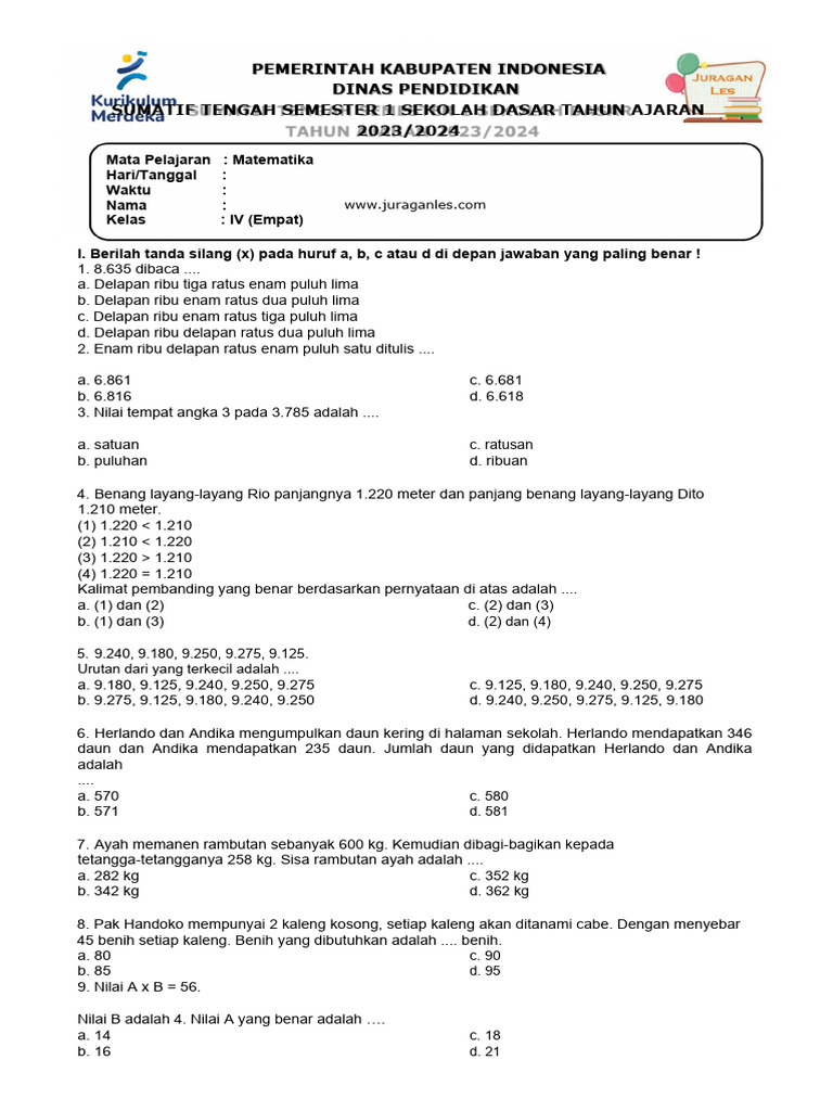 Soal PTS - STS Matematika Kelas 4 Semester 1 Kurikulum Merdeka T.A 2023-2024 | PDF
