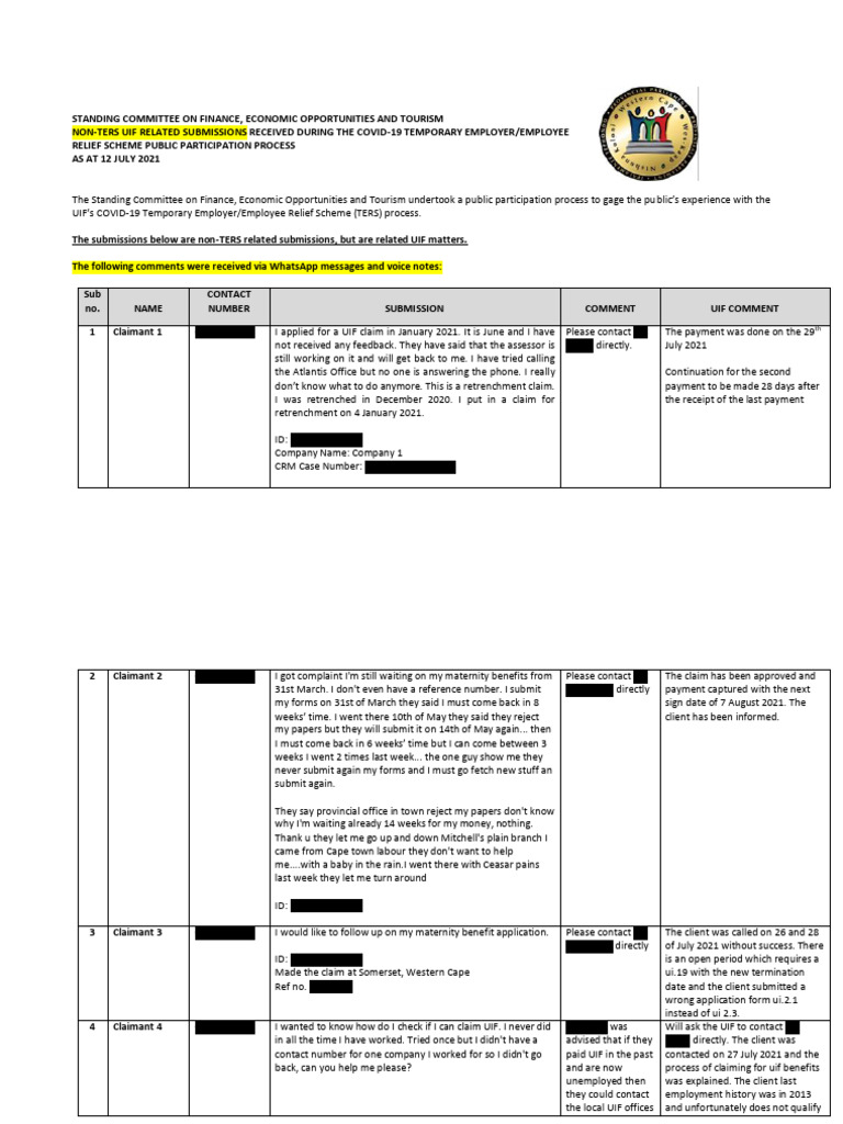 Non-TERS - UIF Feedback | PDF | Unemployment Benefits | Employment