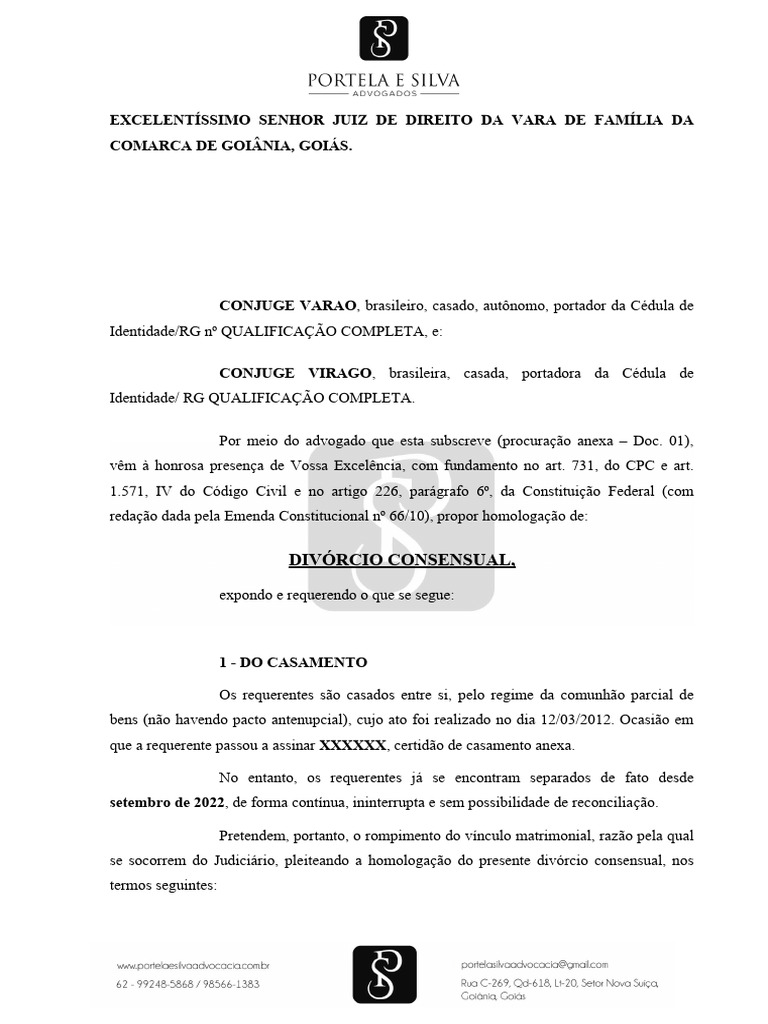 Direito de Familia - Modelo - 01 - Minuta - Divorcio Consensual | PDF | Divórcio | Casamento ...
