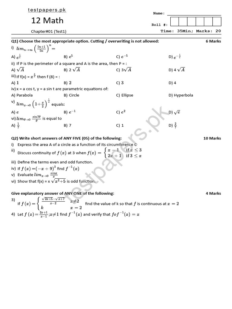 12 Math Chapter-Wise (Test1) | PDF | Teaching Methods & Materials