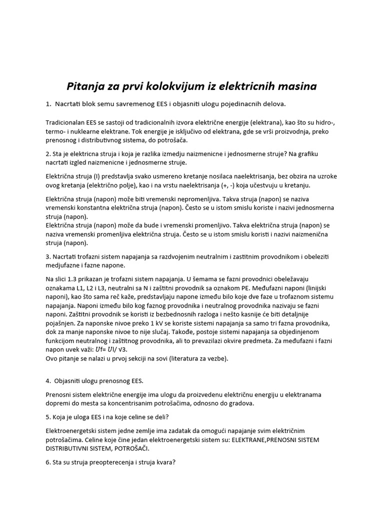 Pitanja Za Prvi Kolokvijum El. Masine | PDF