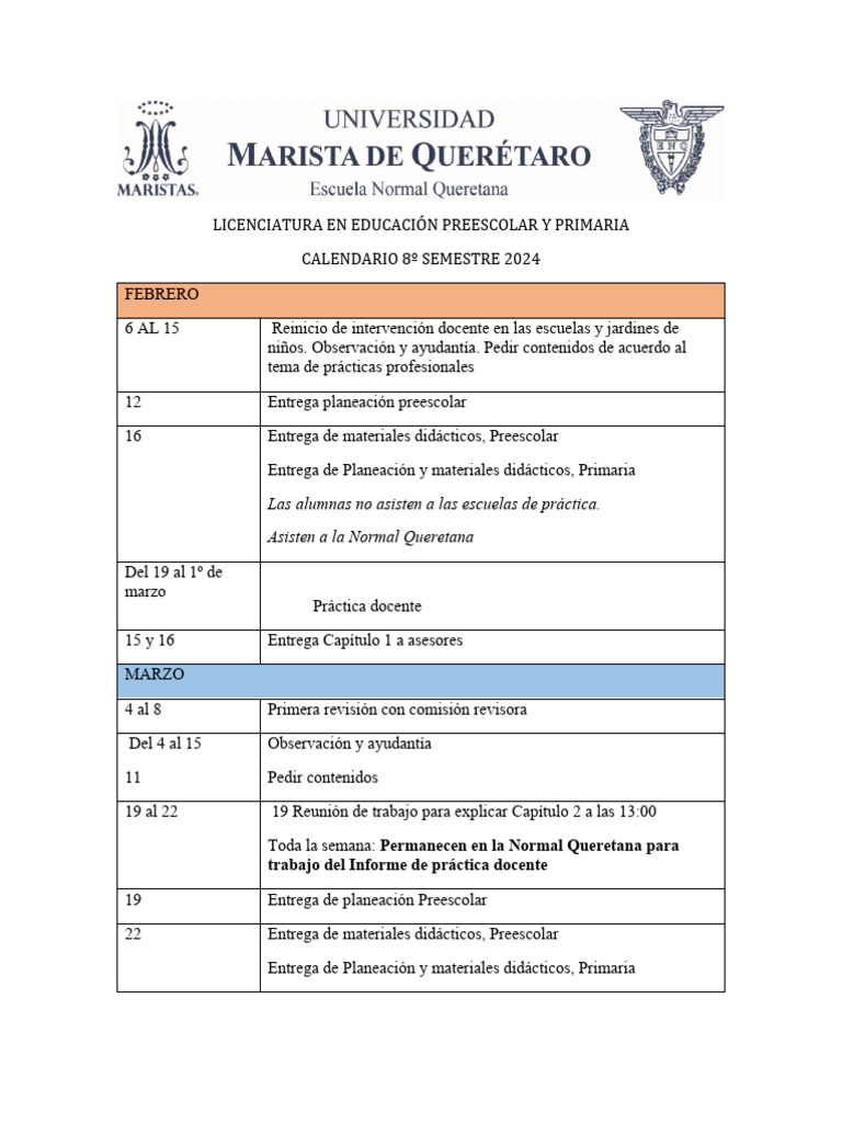 CALENDARIO ACTIVIDADES 8o SEMESTRE NORMAL 2024 | PDF | Educación de la ...