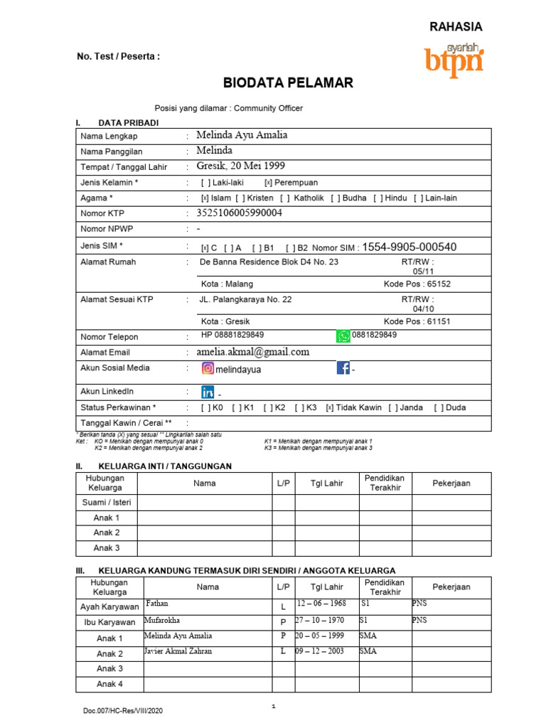 Form Biodata Pelamar - Melinda | PDF
