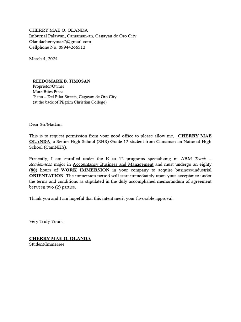 Students Letter of Application Intent Template For Immersion 1 | PDF