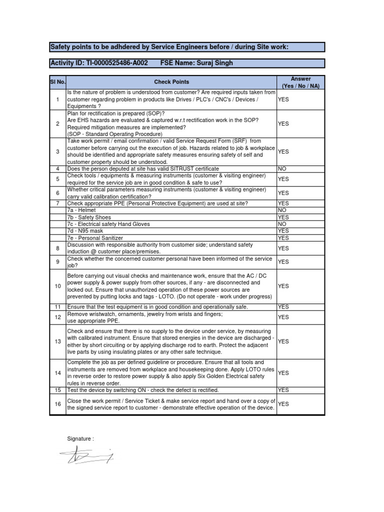 Service Engineers Safety Checklist | PDF