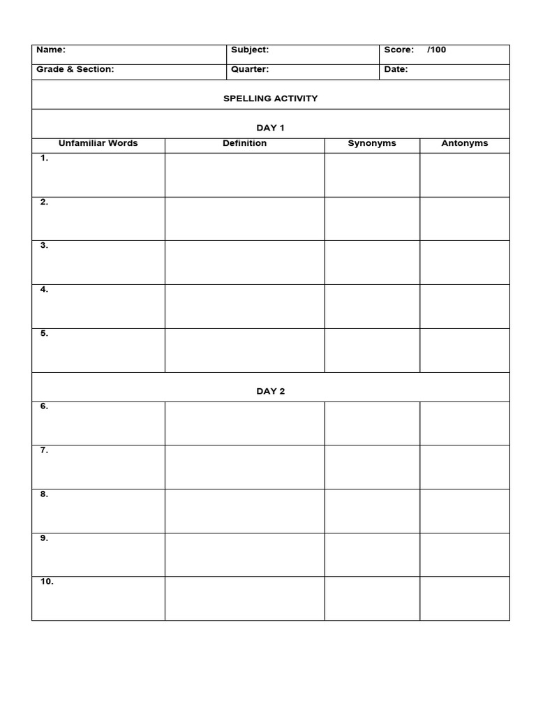 Spelling Activity Template | PDF | Career & Growth | Language Arts ...