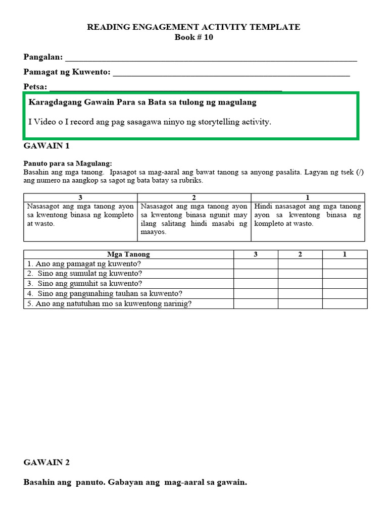 Reading Engagement Activity Template | PDF