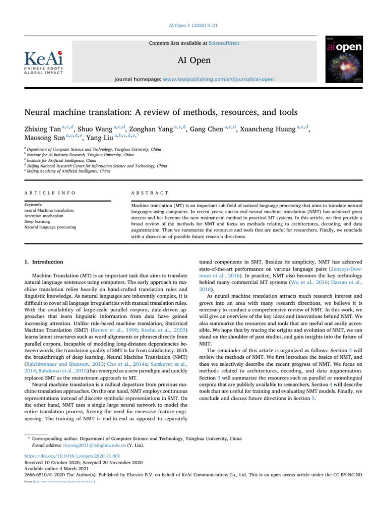 Neural Machine Translation A Review of Methods Resources and - 2020 ...