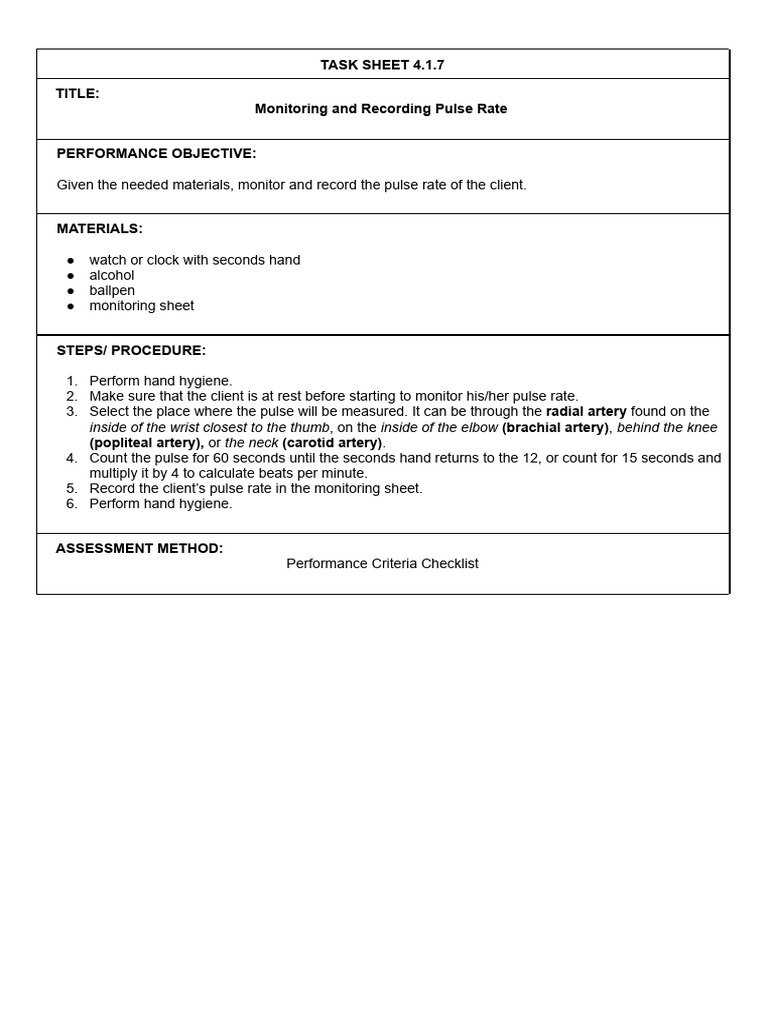 Task Sheet 4.1.7 - Monitoring and Recording Pulse Rate | PDF