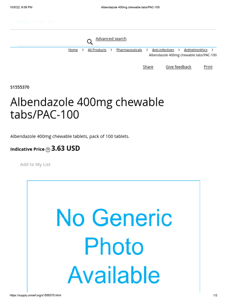 Albendazole 400mg Chewable Tabs Overview | PDF