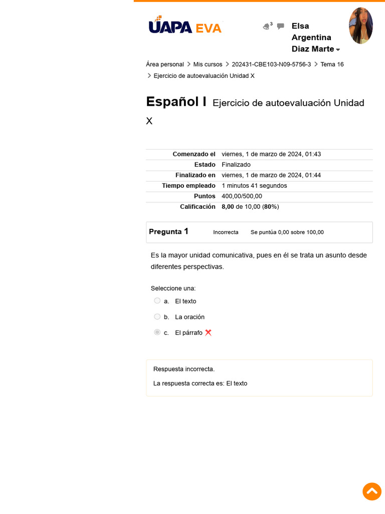 ESPAÑOL I Ejercicio de Autoevaluación Unidad X | PDF