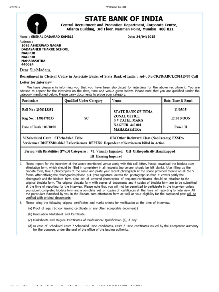 SBI Clerical Cadre Interview Call Letter | PDF | Government Of India ...