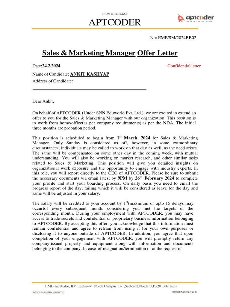 Ankit Offer Letter | PDF | Sales | Marketing