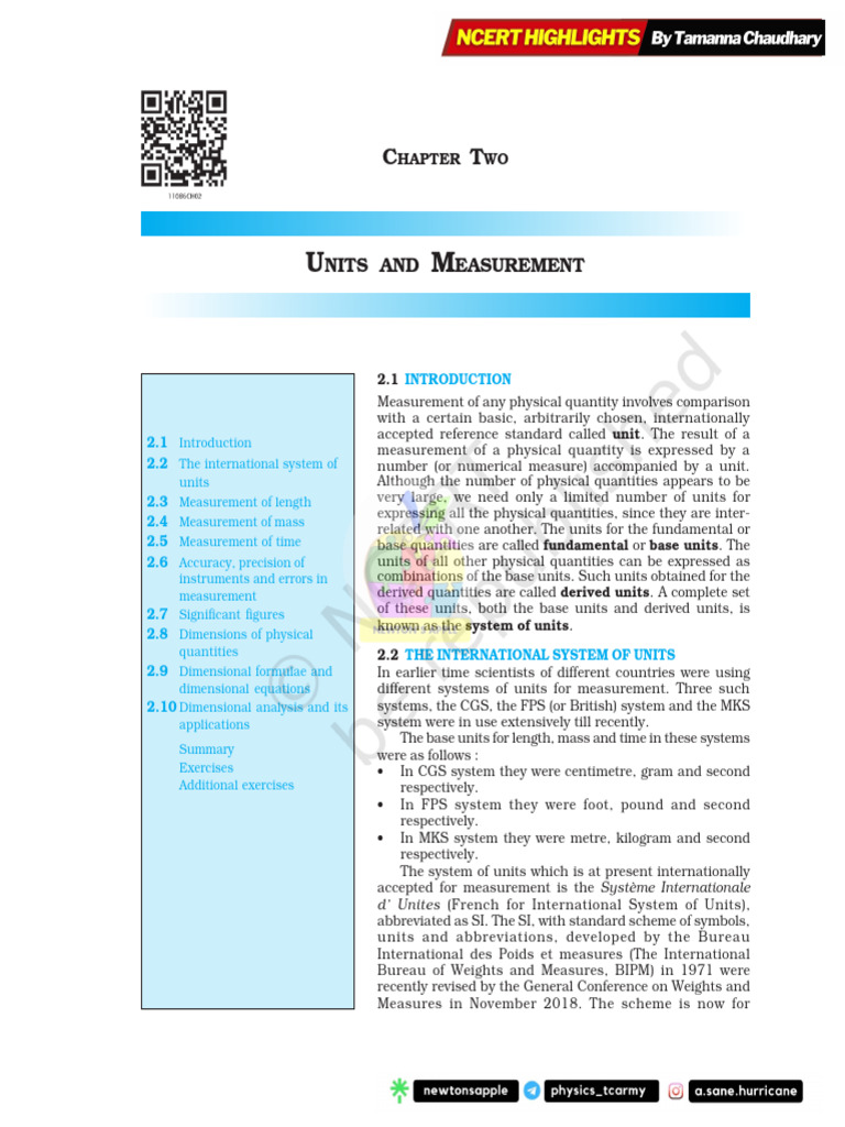 NCERT Highlights - Units & Dimensions | PDF