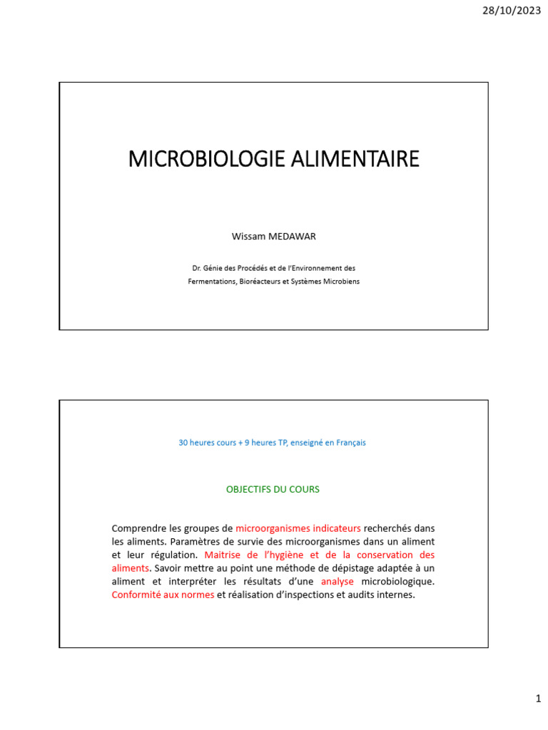 Slides Microbiologie Alimentaire | PDF