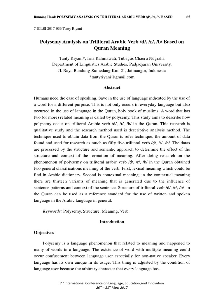 Polysemy Analysis On Triliteral Arabic V | PDF