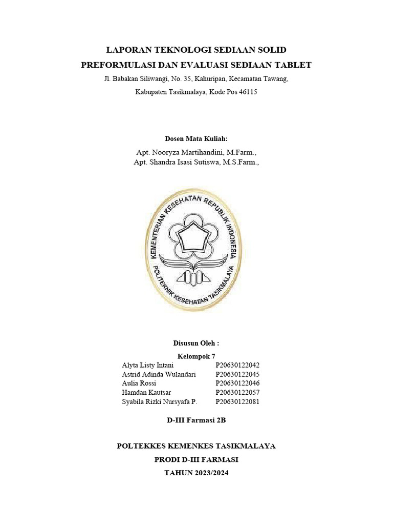 Laporan Teknologi Sediaan Solid Preformulasi Dan Evaluasi Sediaan Tablet Kelompok 7 | PDF