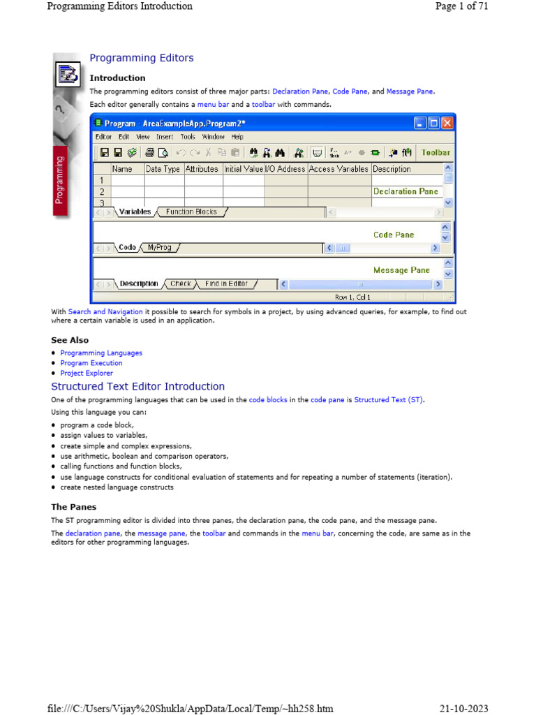 Programming Editors: Declaration Pane Code Pane Message Pane Menu Bar Toolbar | PDF | Menu ...