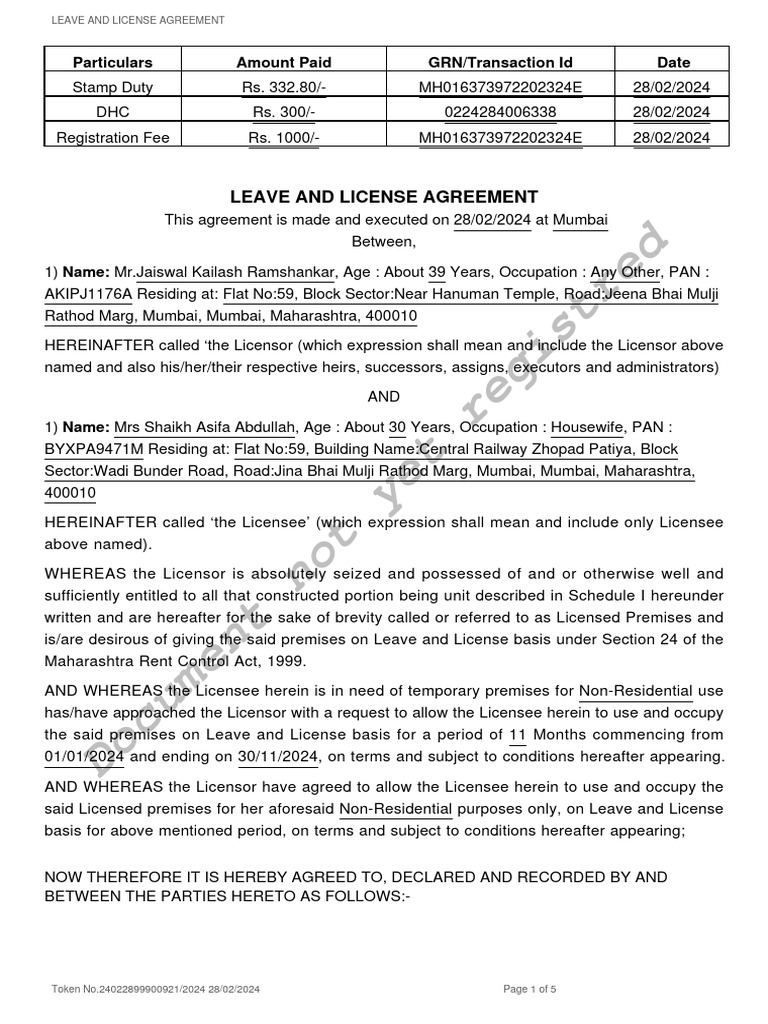 Document Not Yet Registred: Leave and License Agreement | PDF