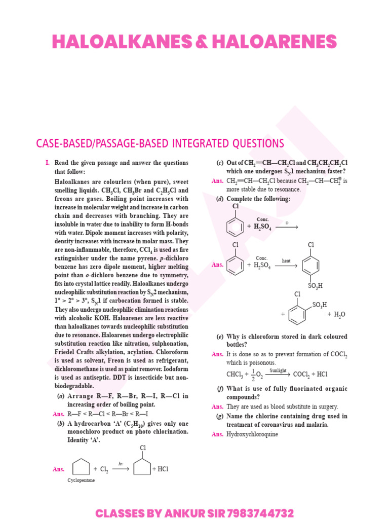 Case Based Question Haloalkanes Haloarenes | PDF | Chlorine | Chemical ...