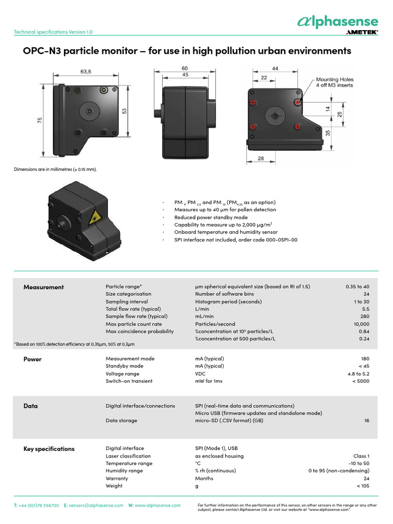 Alphasense OPC-N3 Datasheet | PDF | Flow Measurement | Chemistry