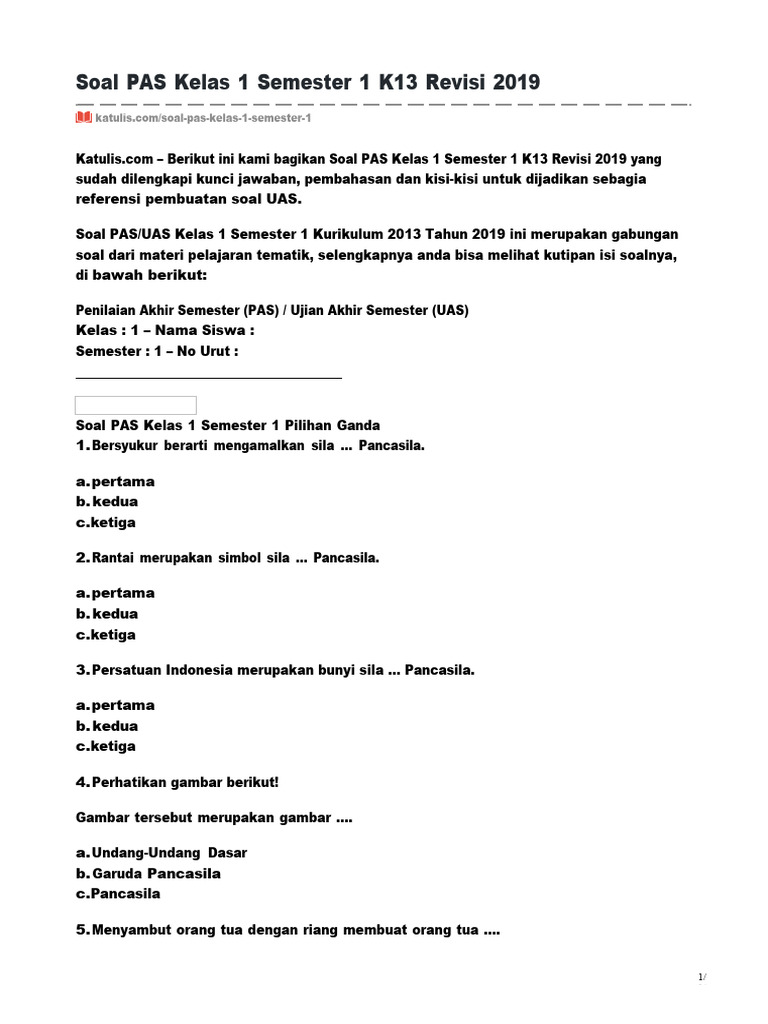 Soal PAS Kelas 1 Semester 1 K13 Revisi 2 | PDF | Seni & Disiplin Bahasa | Griya & Taman