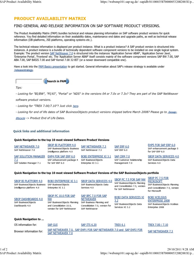 SAP Support Portal - Product Availability Matrix | PDF | Sap Se ...