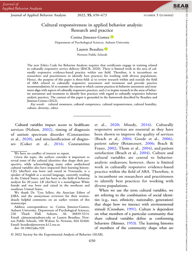 J Of App Behav Analysis 2022 Jimenez Gomez Cultural Responsiveness In Applied Behavior