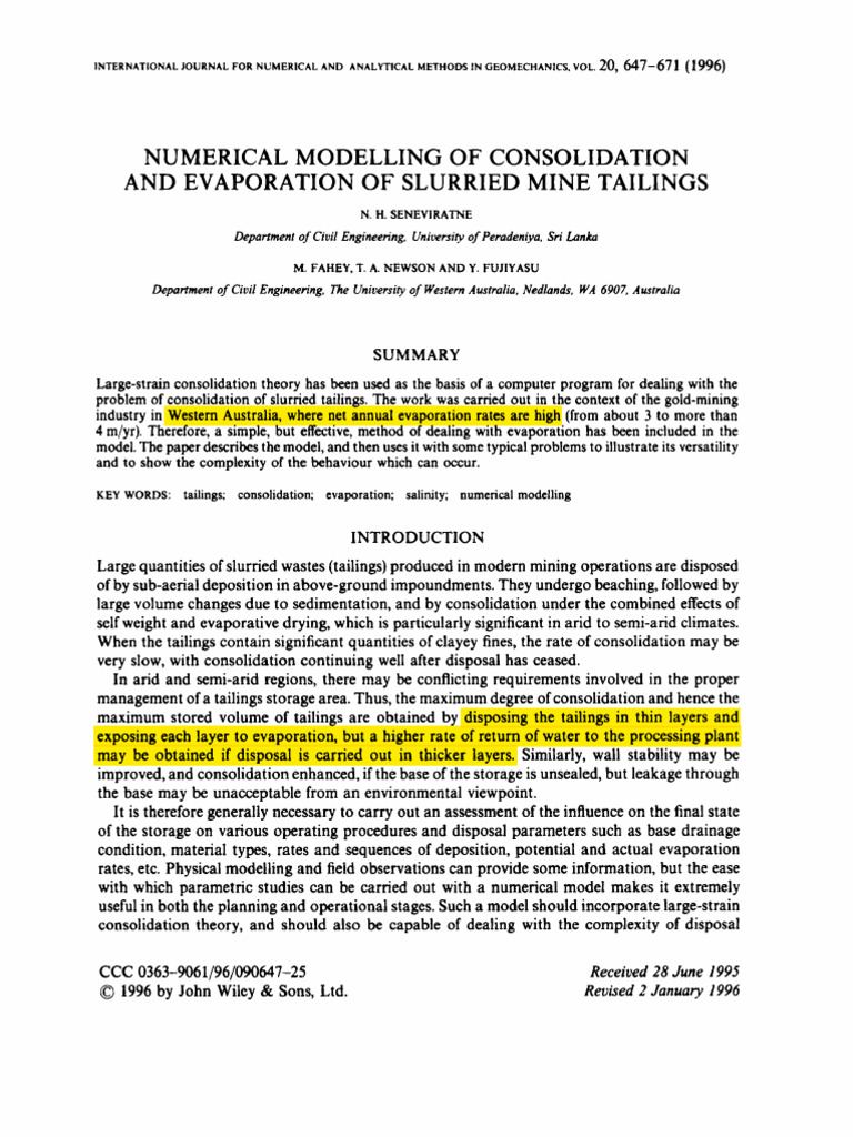 Numerical Modelling of Consolidation and Evaporation of Slurried Mine Tailings | Download Free ...