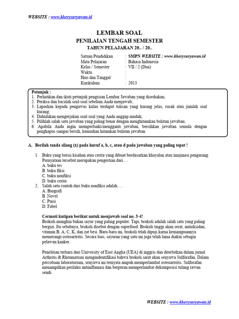 SOAL & Jawaban PTS B.INDONESIA KELAS VII K13 - WEBSITE WWW - Kherysuryawan.id | PDF