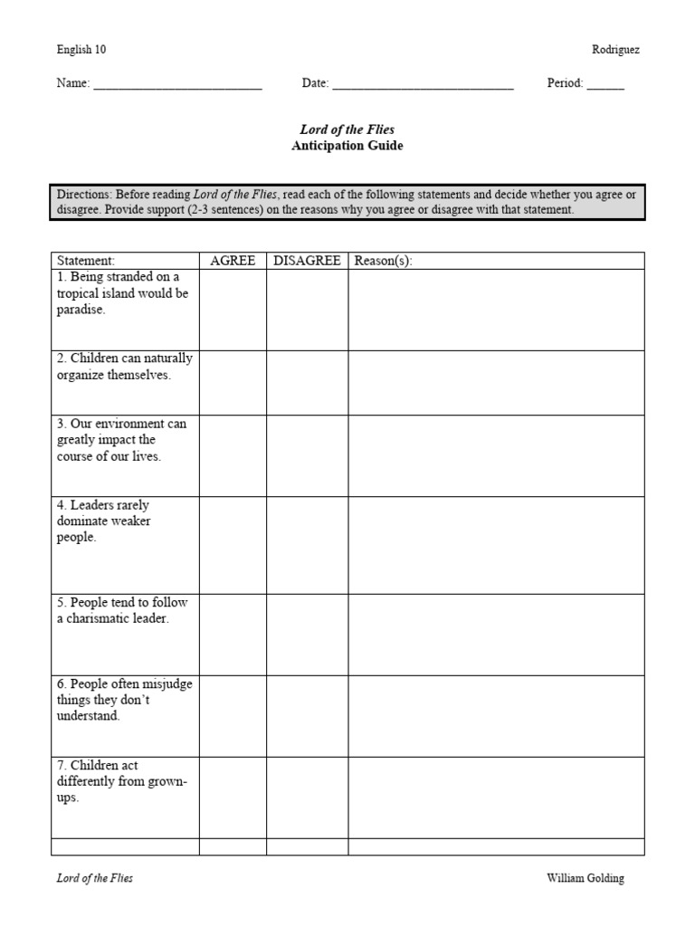 Lord of The Flies - Anticipation Guide | PDF