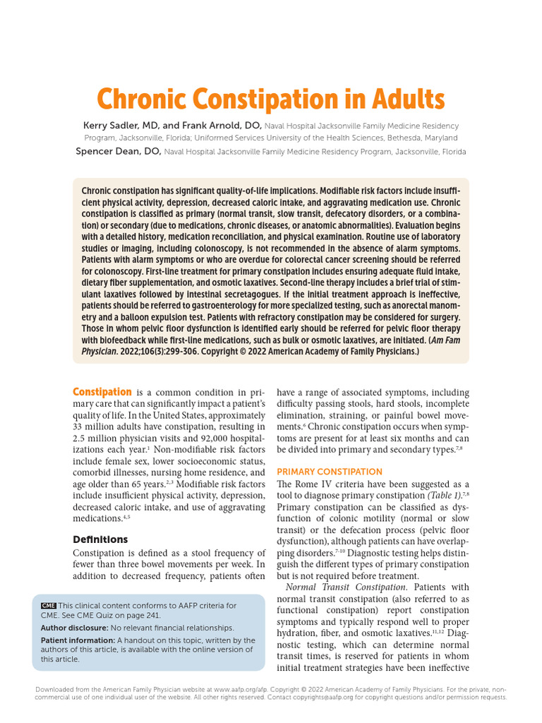 AAFP Chronic Constipation in Adults | PDF | Self-Improvement | Wellness