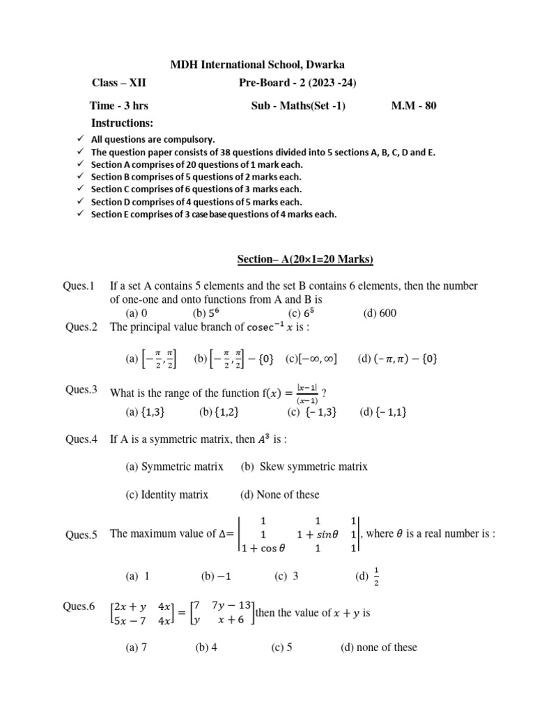 Xii Maths Pre-Board - 2 Set-1 (2023 - 2024) | PDF | Functions And Mappings | Mathematical Concepts