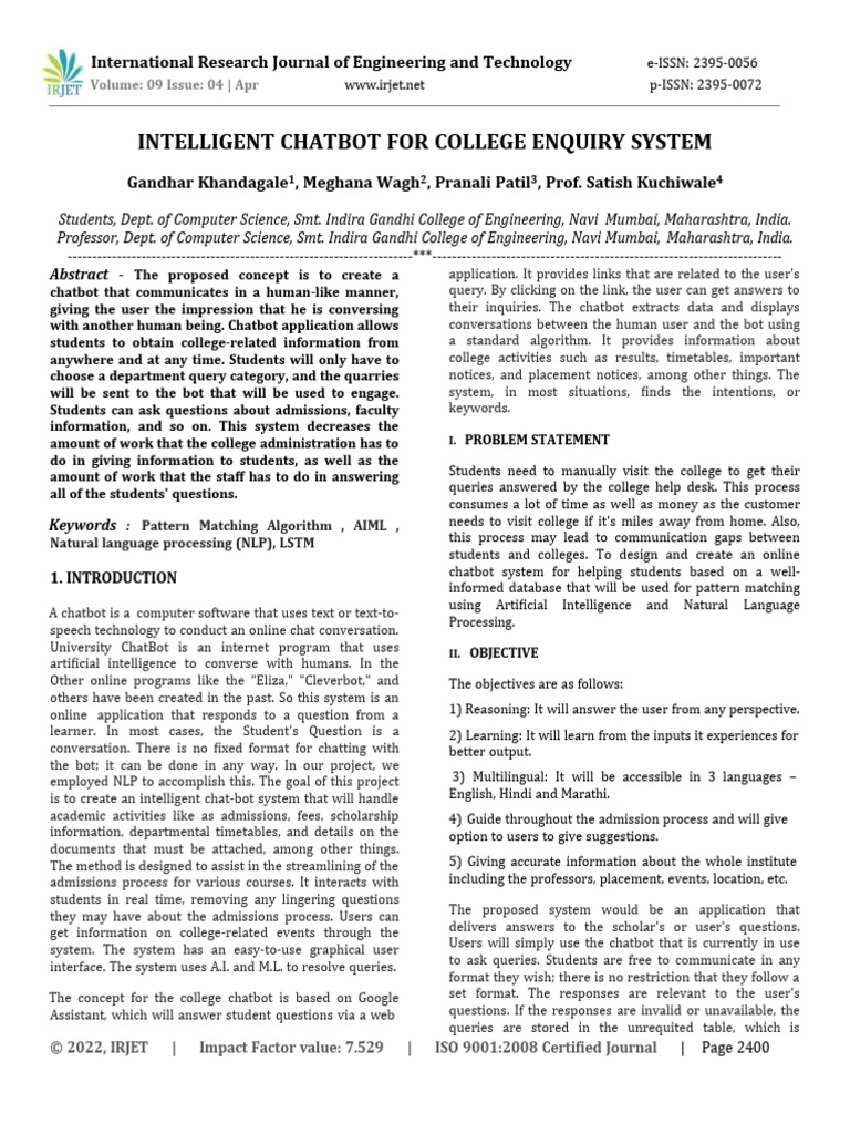 Intelligent Chatbot For College Enquiry | PDF | Artificial Intelligence | Intelligence (AI ...