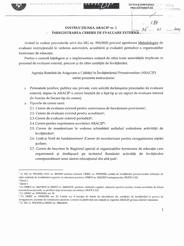 INSTRUCȚIUNEA ARACIP Nr. 1 ÎNREGISTRAREA CERERII DE EVALUARE EXTERNĂ | PDF