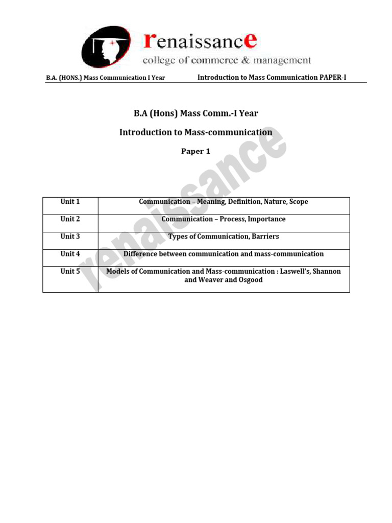 Introduction To Mass Communication BAMC I Year | PDF | Communication | Nonverbal Communication