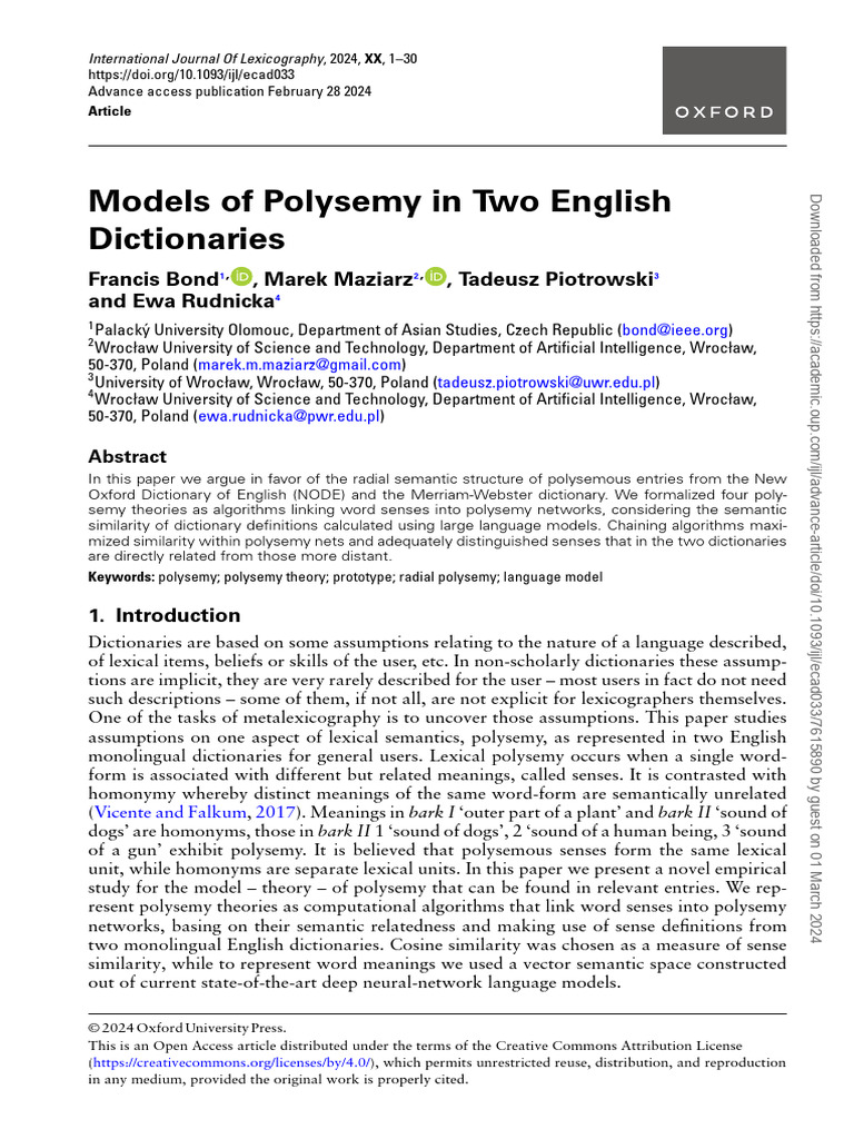 Models of Polysemy in Two English Dictionaries | PDF | Statistical ...