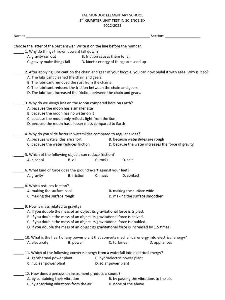 Q3 Unit Test Science | PDF | Science & Mathematics