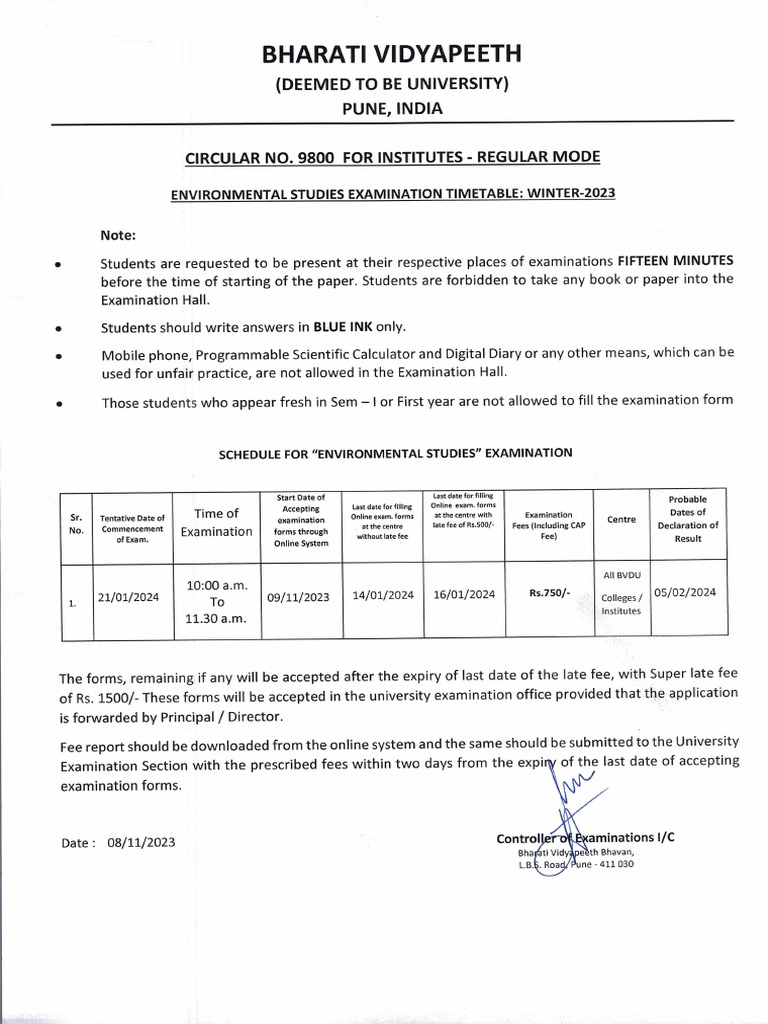 Evs Exam Time Table Pdf