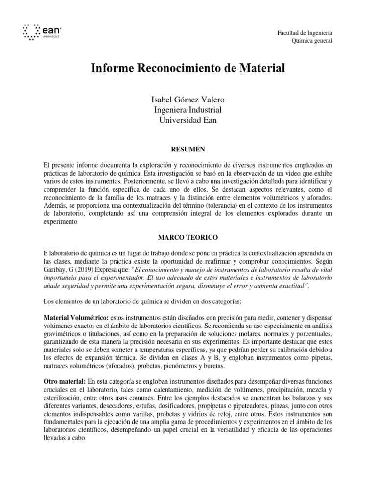 Tarea 1. Informe - Reconocimiento de Material-Isabel Gomez | PDF | Laboratorios | Líquidos