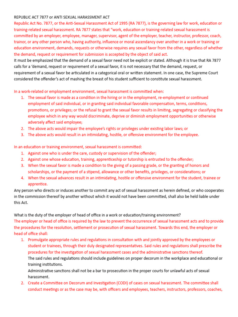 REPUBLIC ACT 7877 or ANTI SEXUAL HARASSMENT ACT | PDF | Social Science