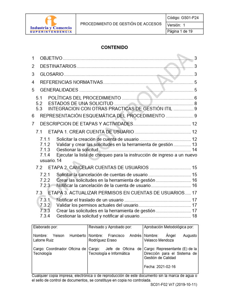 GS01-P24 PROCEDIMIENTO DE GESTIÓN DE ACCESOS - Copia - Controlada | PDF