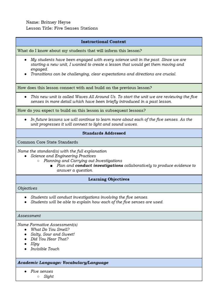 1st Grade Science Lesson | PDF | Senses | Learning